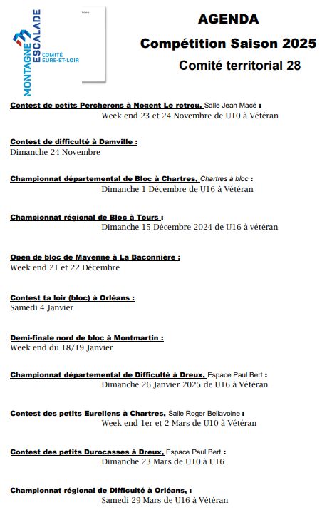 Calendrier des compétitions 2025